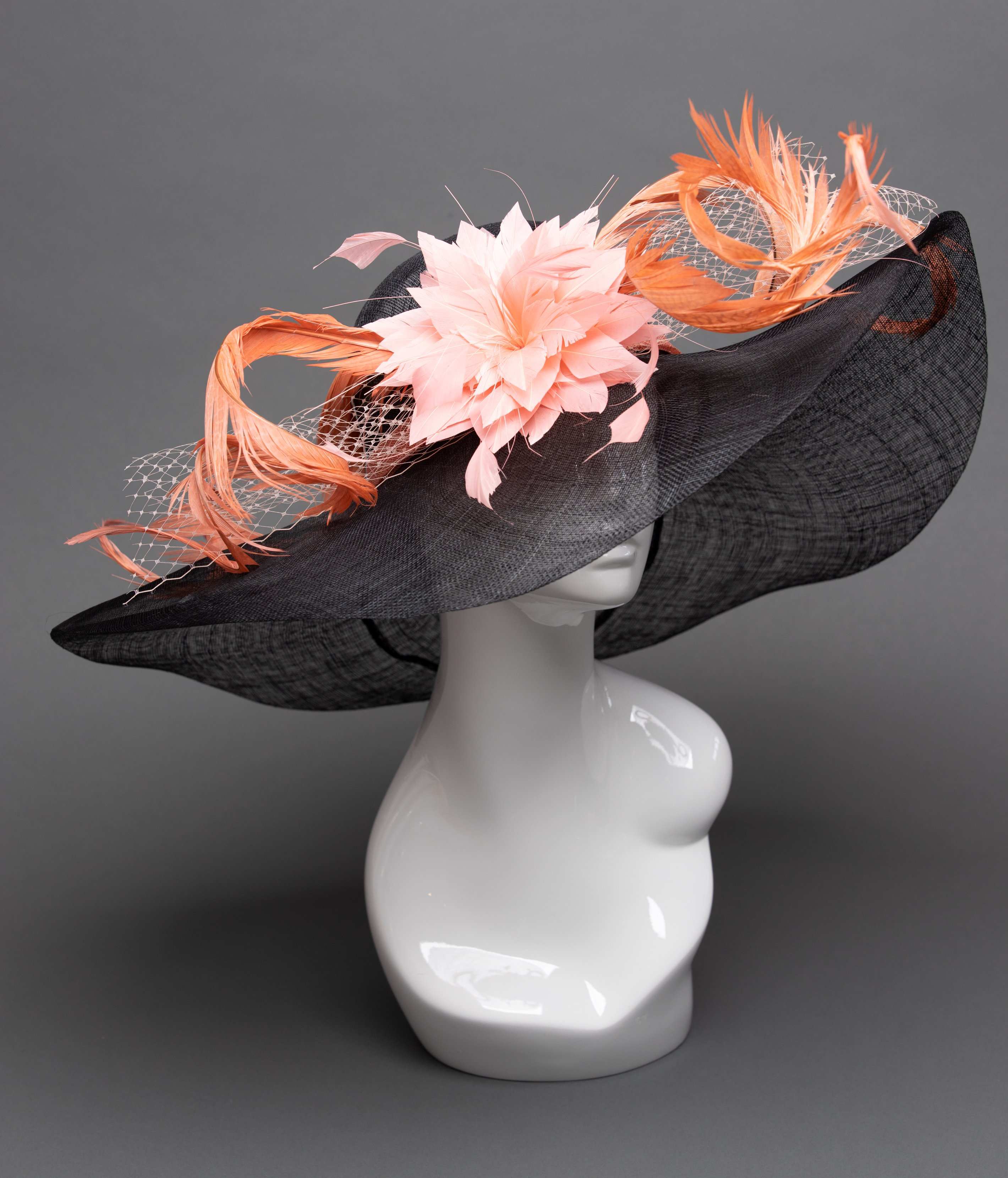 Kentucky Derby Hat | Black and Coral Hat w/ Feathers